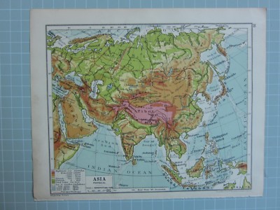 1933 MAP ASIA LAND HEIGHTS TIBET ARABIA INDIA SIBERIA PHILIPPINE JAPAN ...