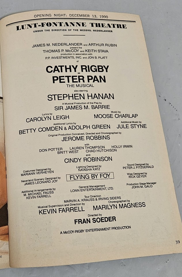 Peter Pan Playbill Cathy Rigby Dec 1990 Vol 90 no 12 | eBay