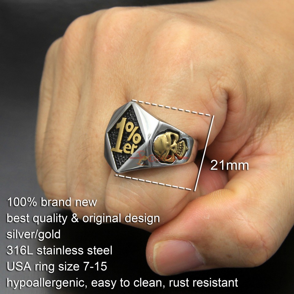 Men's 1%er One Percenter Outlaw Biker Motorcycle Skull Stainless Steel ...