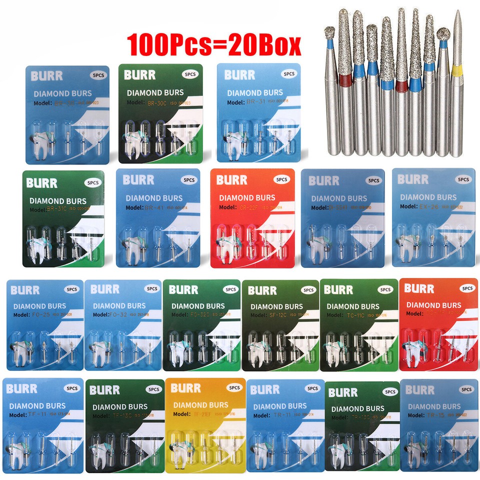 100 Pcs Dental Diamond Burs For High Speed Handpiece Medium FG 1.6mm ...