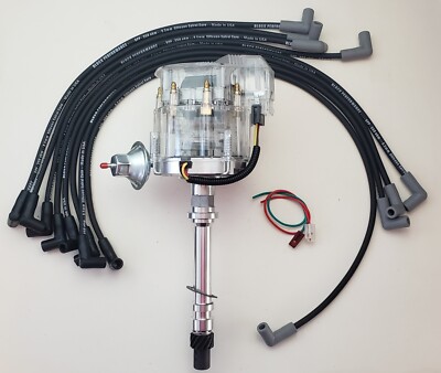 CHEVY 350 CLEAR CAP HEI DISTRIBUTOR + 8.5mm BLACK PLUG WIRES OVER VALVE ...
