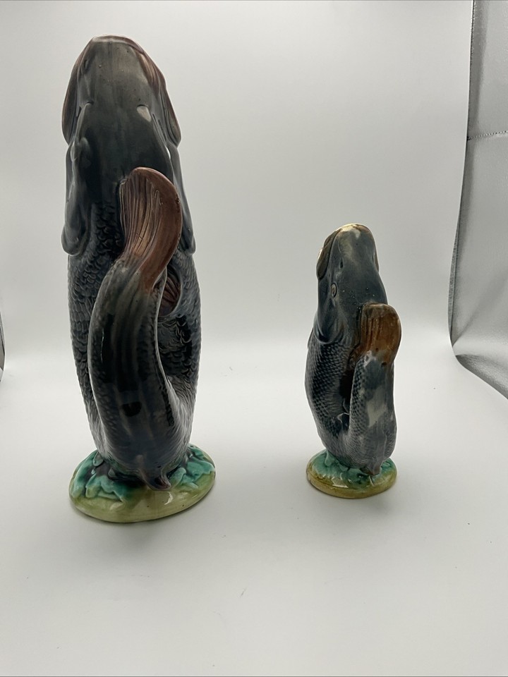 Antique English Victorian Majolica Gurgling Fish Pitcher Jug Pair 12” 6 ...