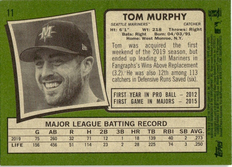 2020 Topps Heritage Baseball Tom Murphy Seattle Mariners #11 Signed | eBay