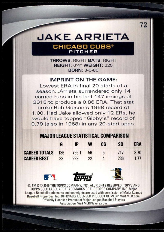 Jake Arrieta 2016 Topps Gold Label 5x7 Class 2 Gold #72 /10 Cubs | eBay