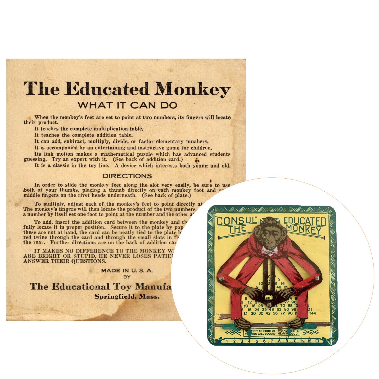 Repro Consul the Educated Monkey Instruction Card Antique Manual Vtg ...