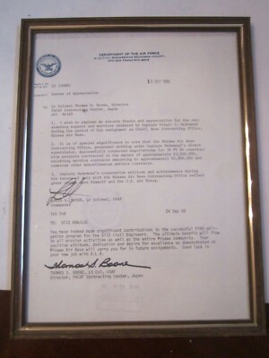1980 DEPARTMENT OF THE AIR FORCE LETTER OF APPRECIATION/SIGNED- FRAMED ...
