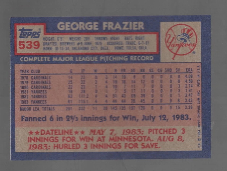 1984 Topps #539 George Frazier NM/Mint | eBay