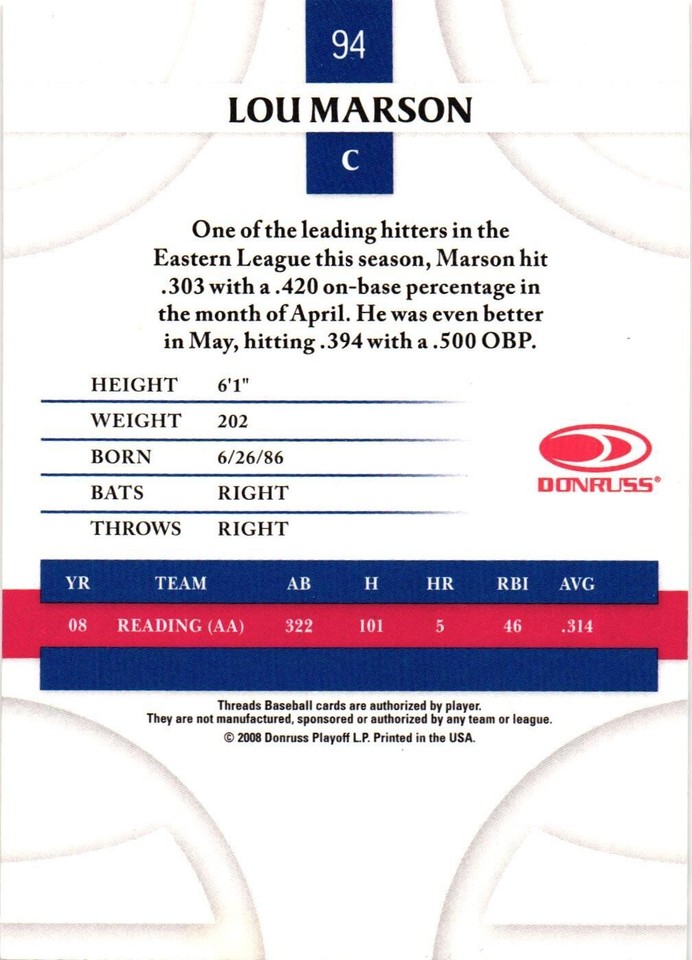 Lou Marson Signed #94 2008 Donruss Threads Phillies MLB Baseball Card ...