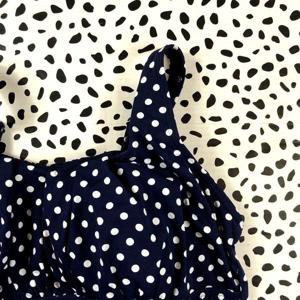 Lands End Deep Sea / Navy Polka Dot Pleated Tankini 14W PLUS SWIM TOP ...