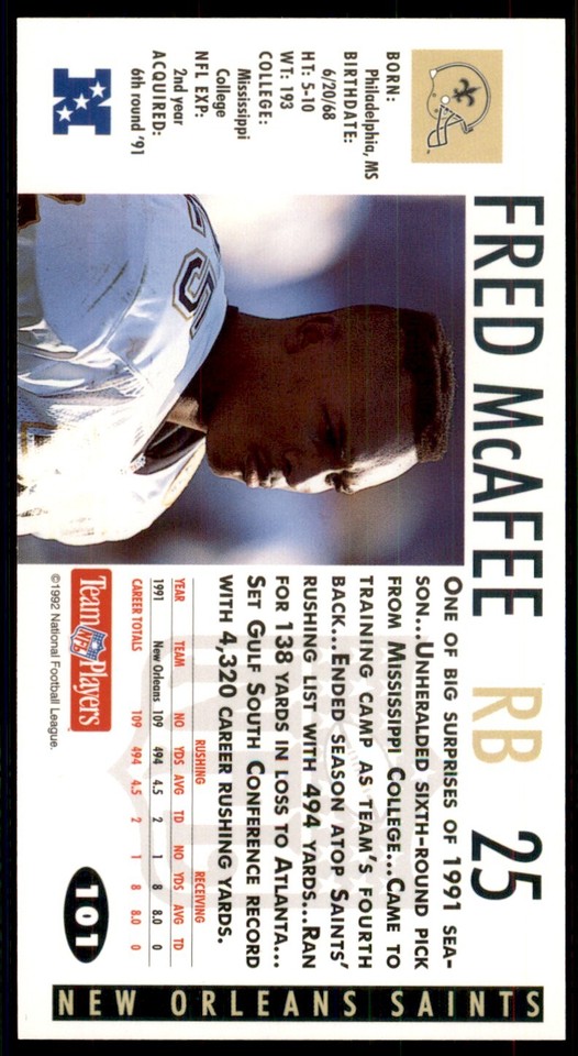 1992 GameDay Fred McAfee Rookie New Orleans Saints #101 NFL Football ...