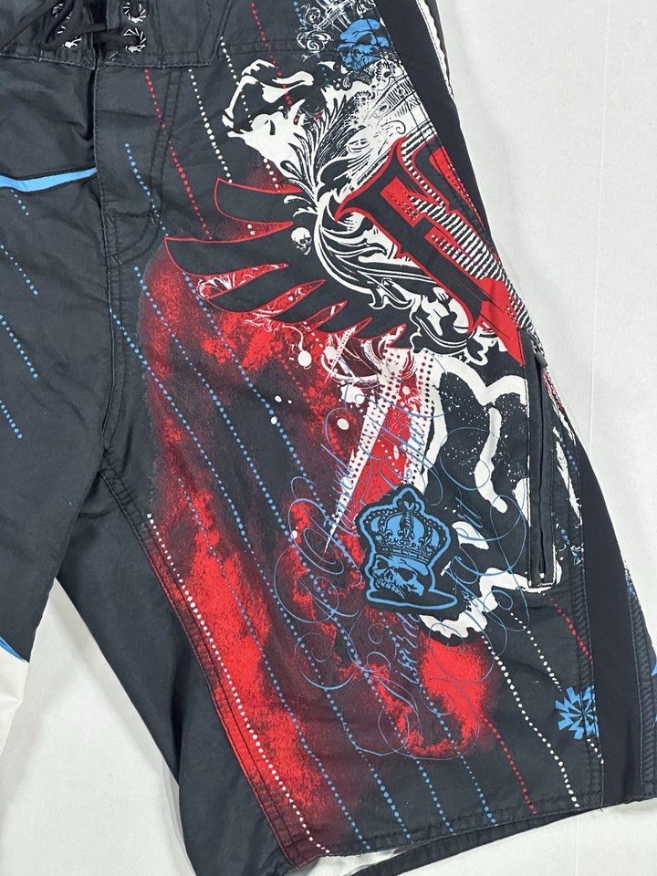 FOX Board Shorts 34 Black Red Blue Graphic Swim Trunks Surf Skull Crown ...