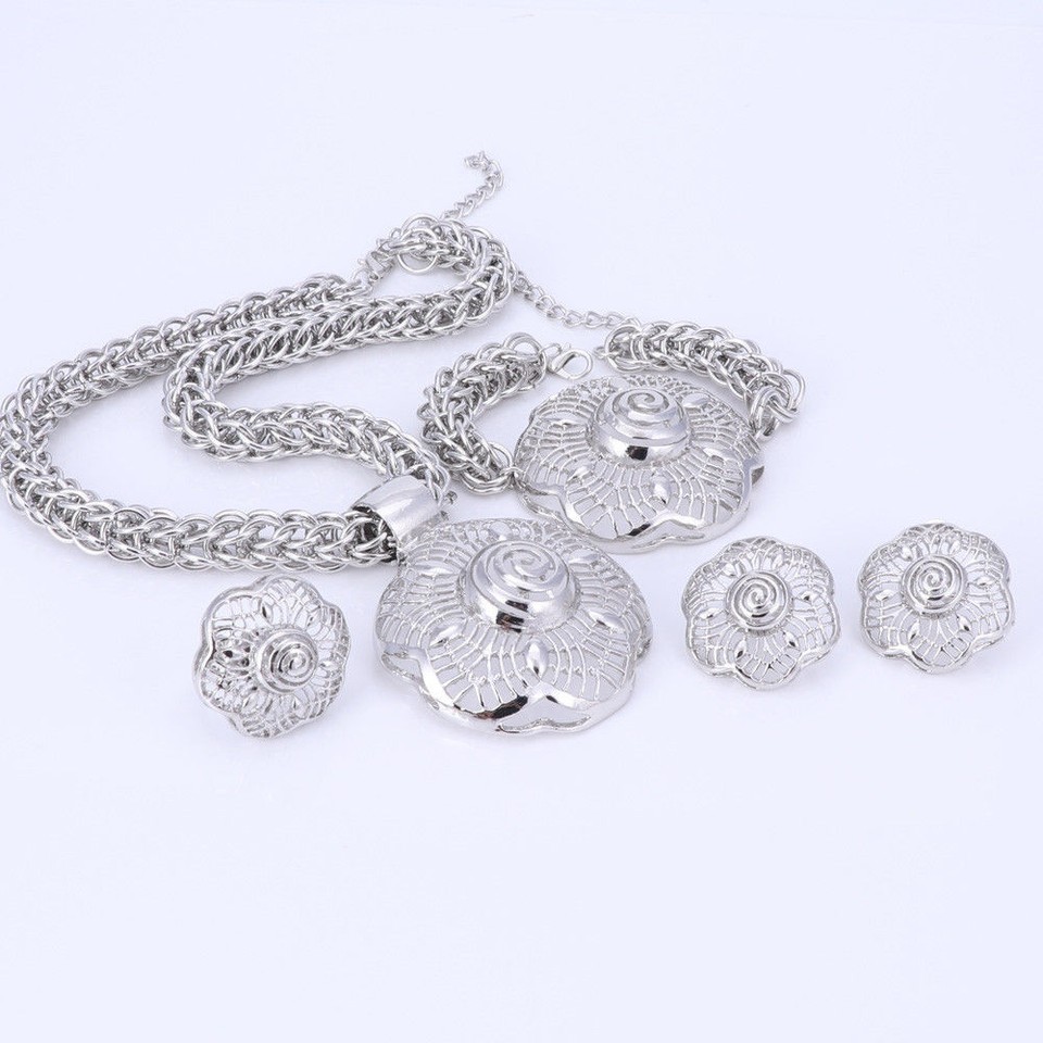 Gold Plated Round Flower Shape with Thick Box Chain 4 Pieces Jewelry ...