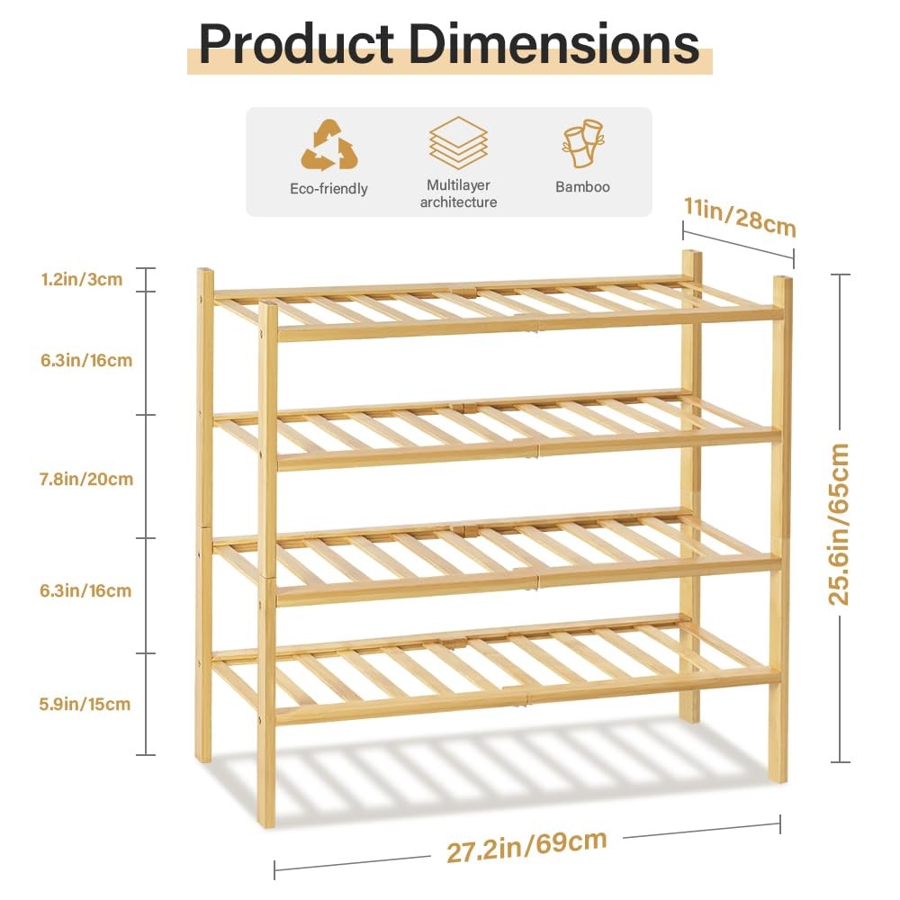 4-Tiers Bamboo Shoe Rack Stackable Free Standing Shoe Racks Portable ...