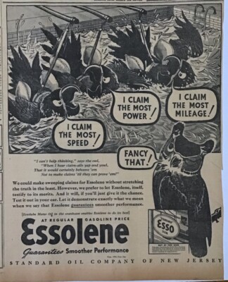 Large 1934 newspaper ad for Essolene Gas - Swimming Parrots, Wise Owl ...