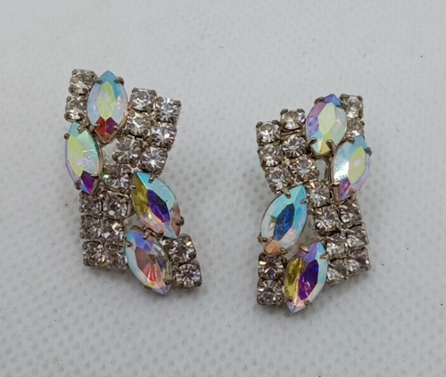 Vintage Rhinestone Stud-Pierced Earrings Aurora Borealis AB Bridal ...