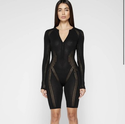 Manière De Voir Knit M Black Knit Zip-Up Bodysuit Biker Shorts Sweater ...