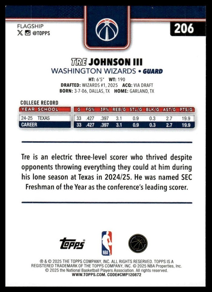 Tre Johnson III 2025-26 Topps #206 RC Washington Wizards | eBay
