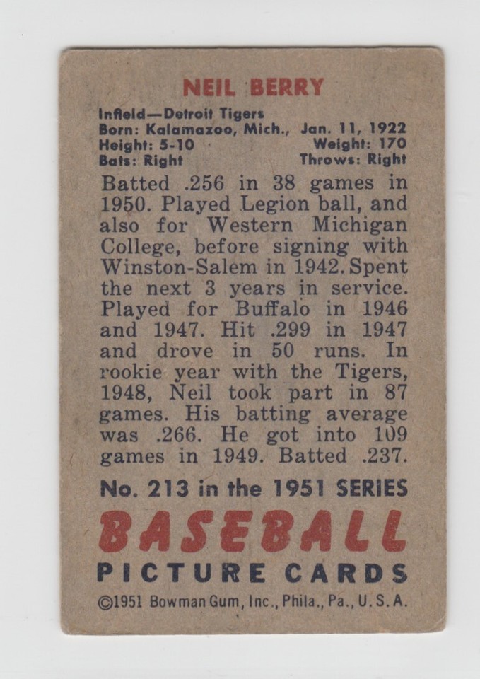 1951 Bowman NEIL BERRY #213 Vintage Baseball Card | eBay