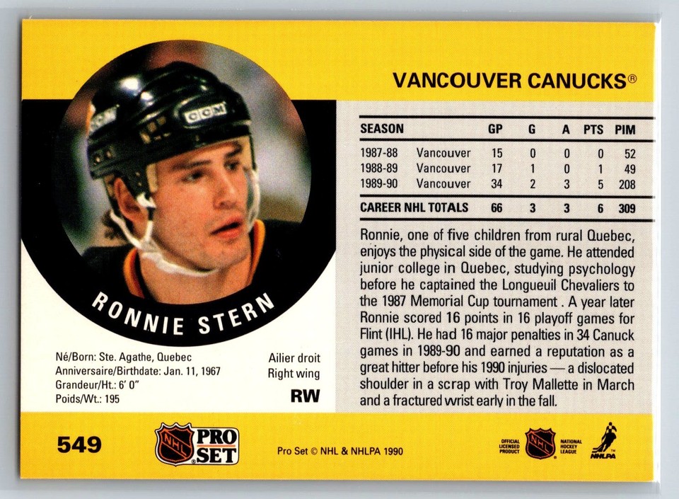 1990-91 NHL Pro Set Ronnie Stern Rookie Vancouver Canucks RC #549 | eBay