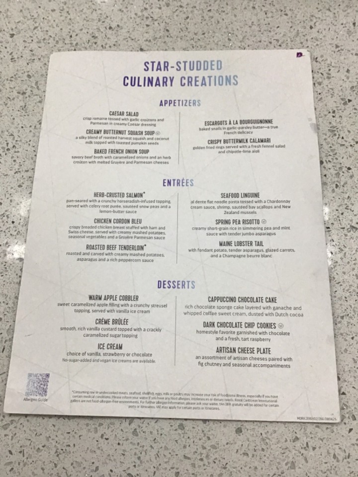 Royal Caribbean Star of the Seas Star-Studded Culinary Creations Menu ...
