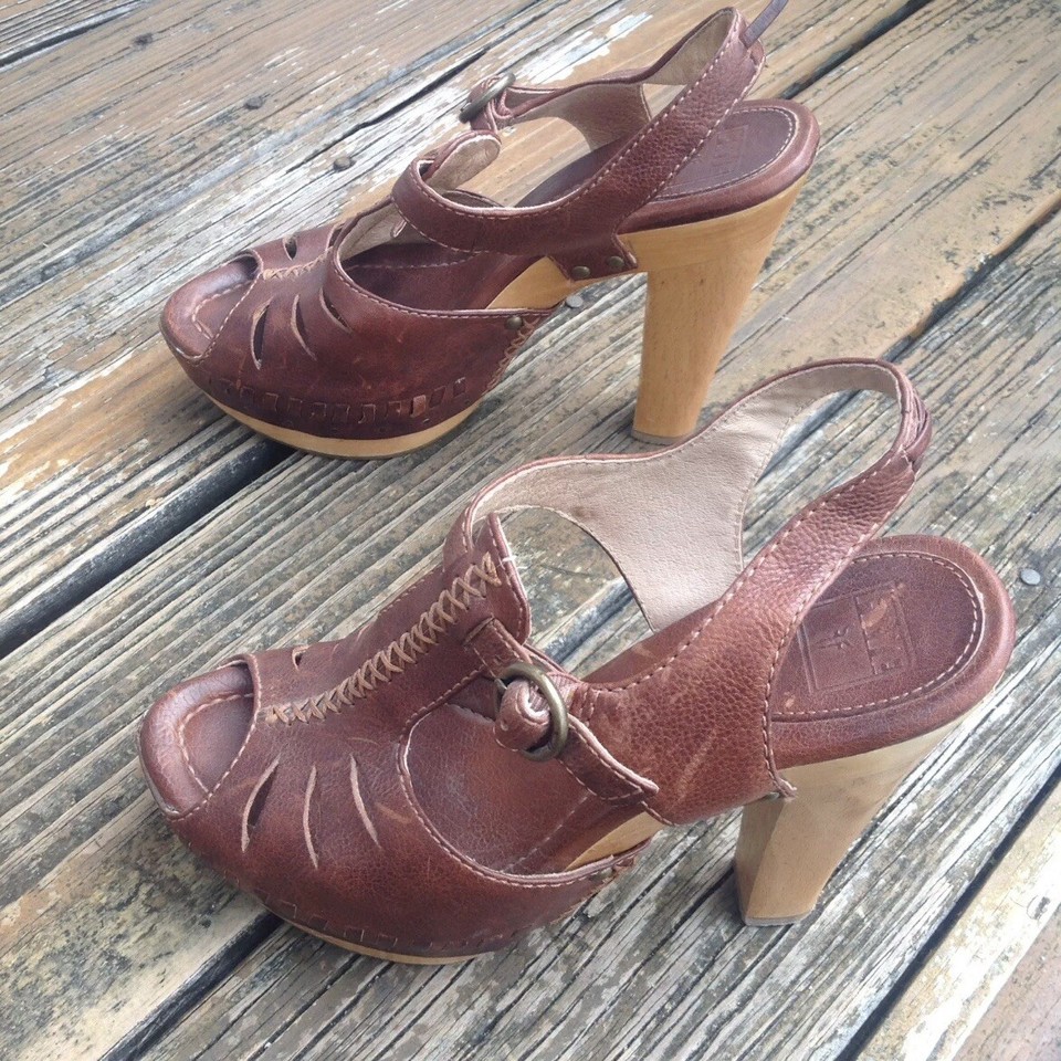 Frye Brown Leather Fran Sandals 8.5 X Stitch Platform Wood Peep Toe ...