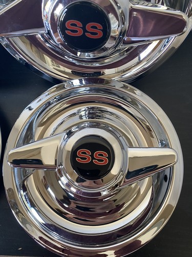 (4) 2 BAR SPINNERS CENTER CAPS FOR CHEVY RALLY WHEELS 7", RED SS DECALS ...