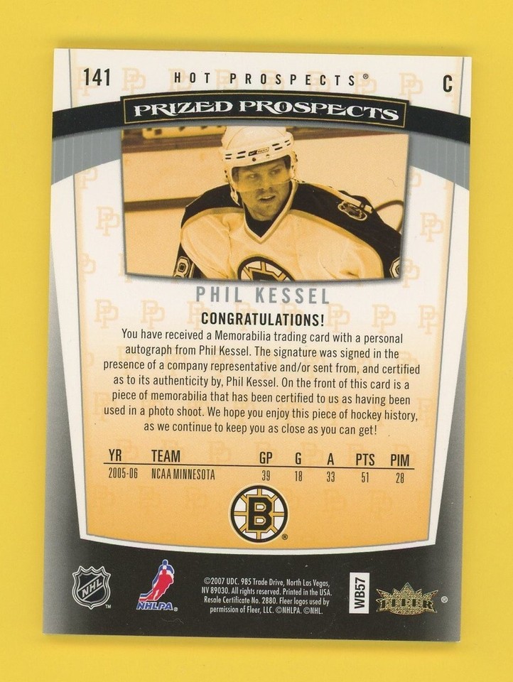 2006-07 Hot Prospects Prized Prospects #141 PHIL KESSEL RC Patch Auto # ...