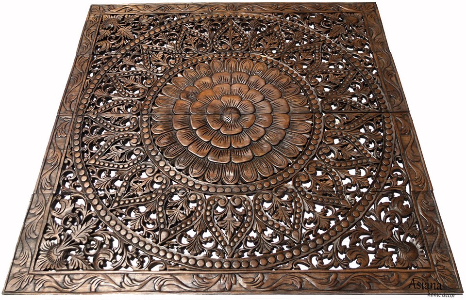 Large Squre Carved Wood Floral Wall Art Panel.Tropical Home Decor Asian ...