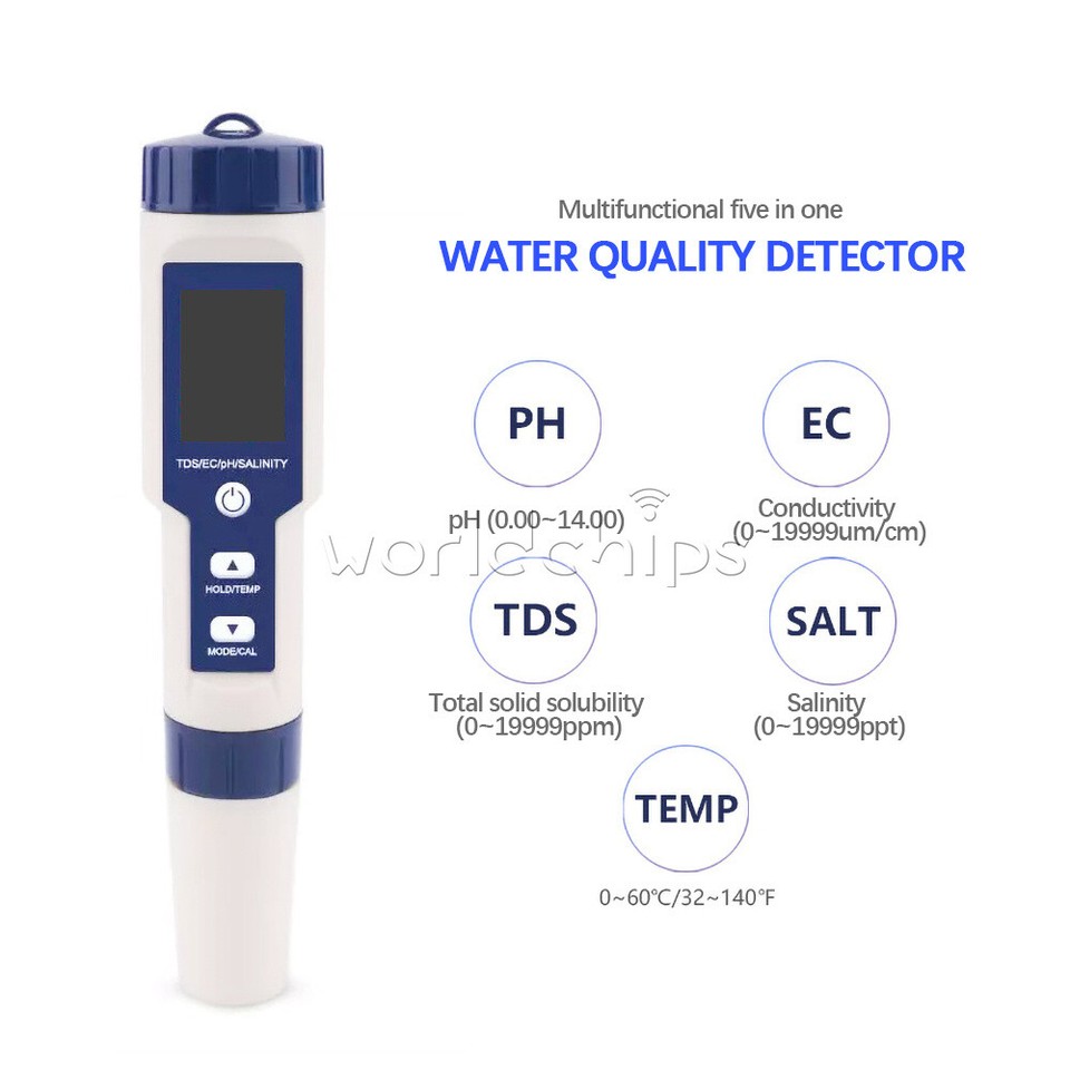 5in1 TDS/EC/PH/Salinity/Temperature Meter Digital Water Quality Monitor ...
