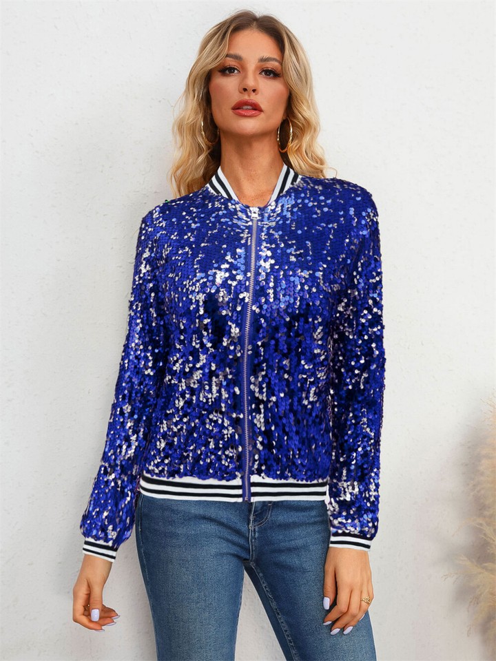Women Zipper Open Front Long Sleeve Party Shiny Glitter Sparkly Jackets ...