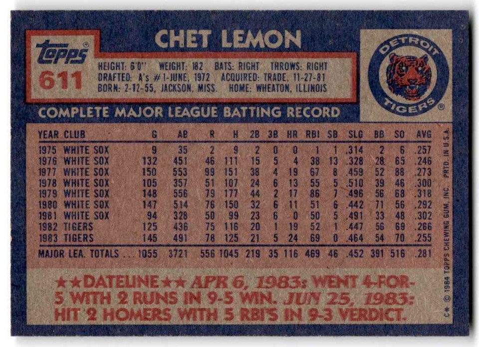 1984 Topps Chet Lemon Detroit Tigers #611 | eBay