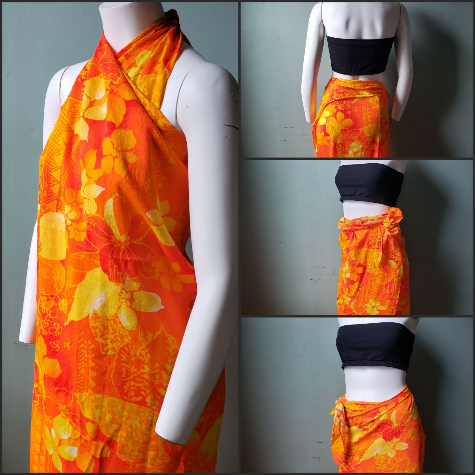 VTG 70’s Hippie Cover Up Orange MOD Sarong Floral Bea… - Gem