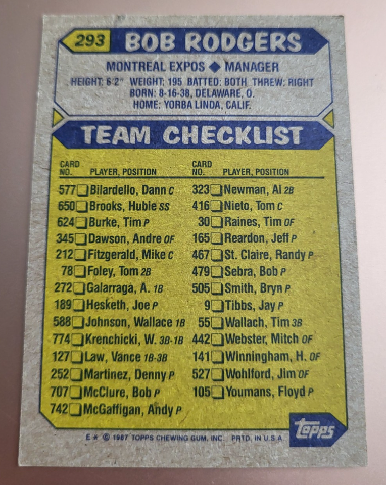 1987 Topps Bob Rodgers Manager #293 Montreal Expos MLB Baseball Card ...