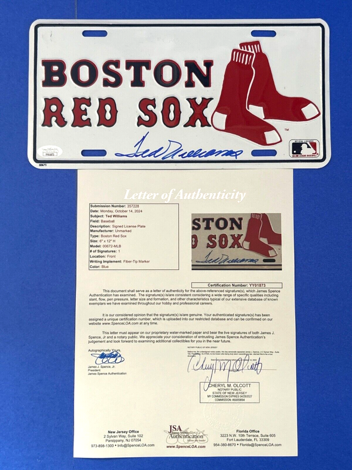 Ted Williams Signed 6x12 Metal License Plate Boston Red Sox JSA COA LOA ...