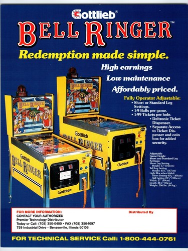 BELL RINGER Pinball Machine Game FLYER 8.5" x 11" Original 1992 Retro ...