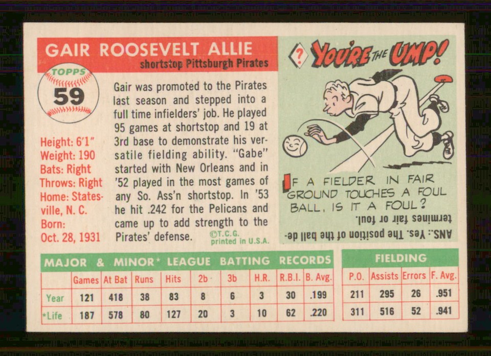1955 TOPPS BASEBALL # 59 GAIR ALLIE 7981 | eBay