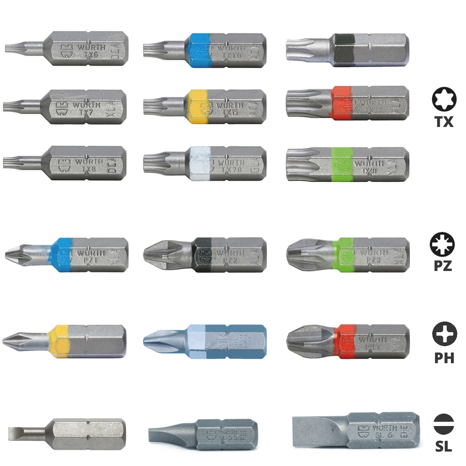Würth Bit PZ1 PZ2 PZ3 PH1 PH2 PH3 T6 T7 T8 T9 T10 T15 T20 T25 T30 T40 ...