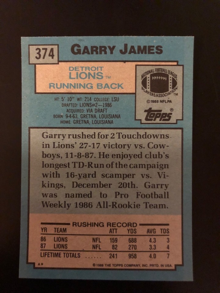 1988 Topps #375 Lions Garry James Football Card | eBay