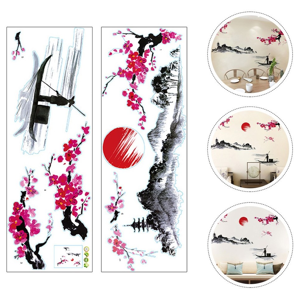 2 Sets Chinese Style Removable Wall Decals Mountain and River Wall ...