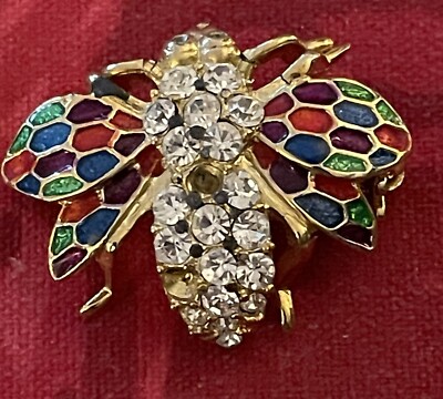 Vintage Bumble Bee Brooch Pin Red Green Rhinestones Gold Tone Enamel 1. ...