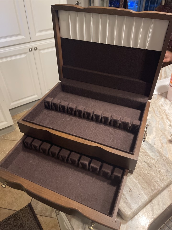 VINTAGE Walnut Silver Flatware Storage Chest Wood w/Drawer Tarnish ...