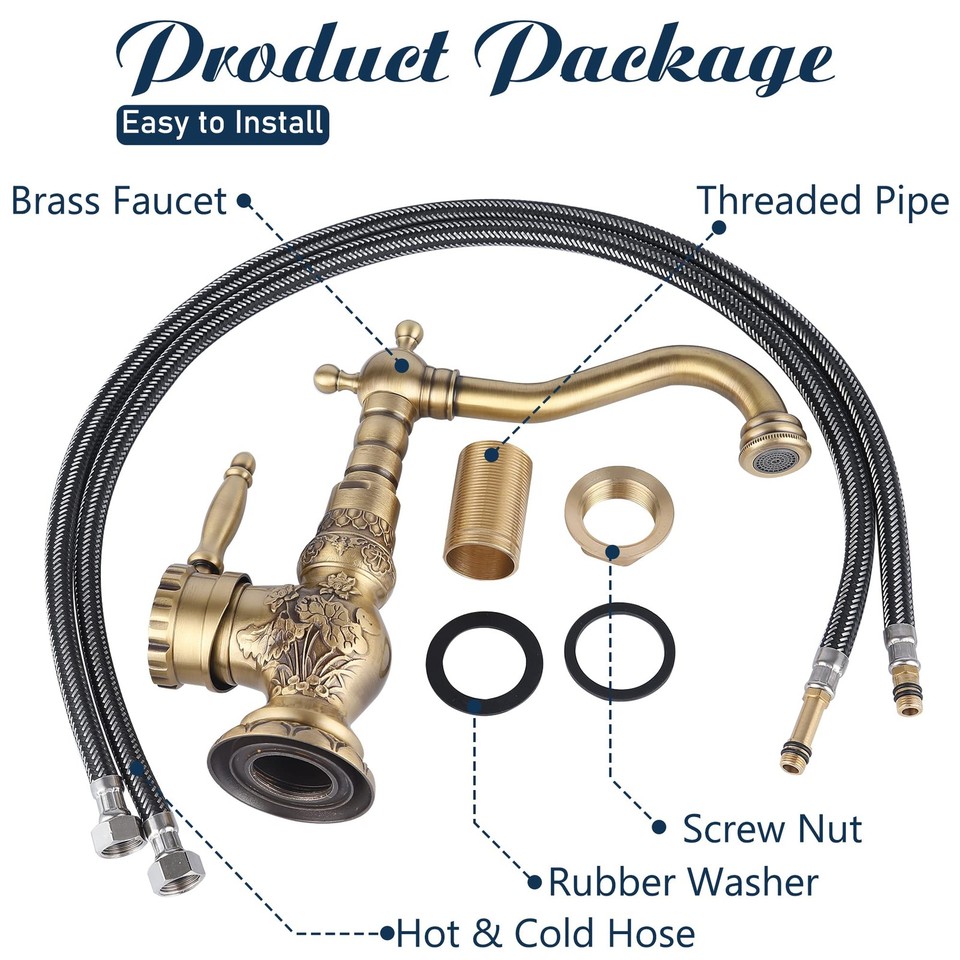 Antique Brass Kitchen Faucet Single Handle 360° Swivel Bathroom Sink ...