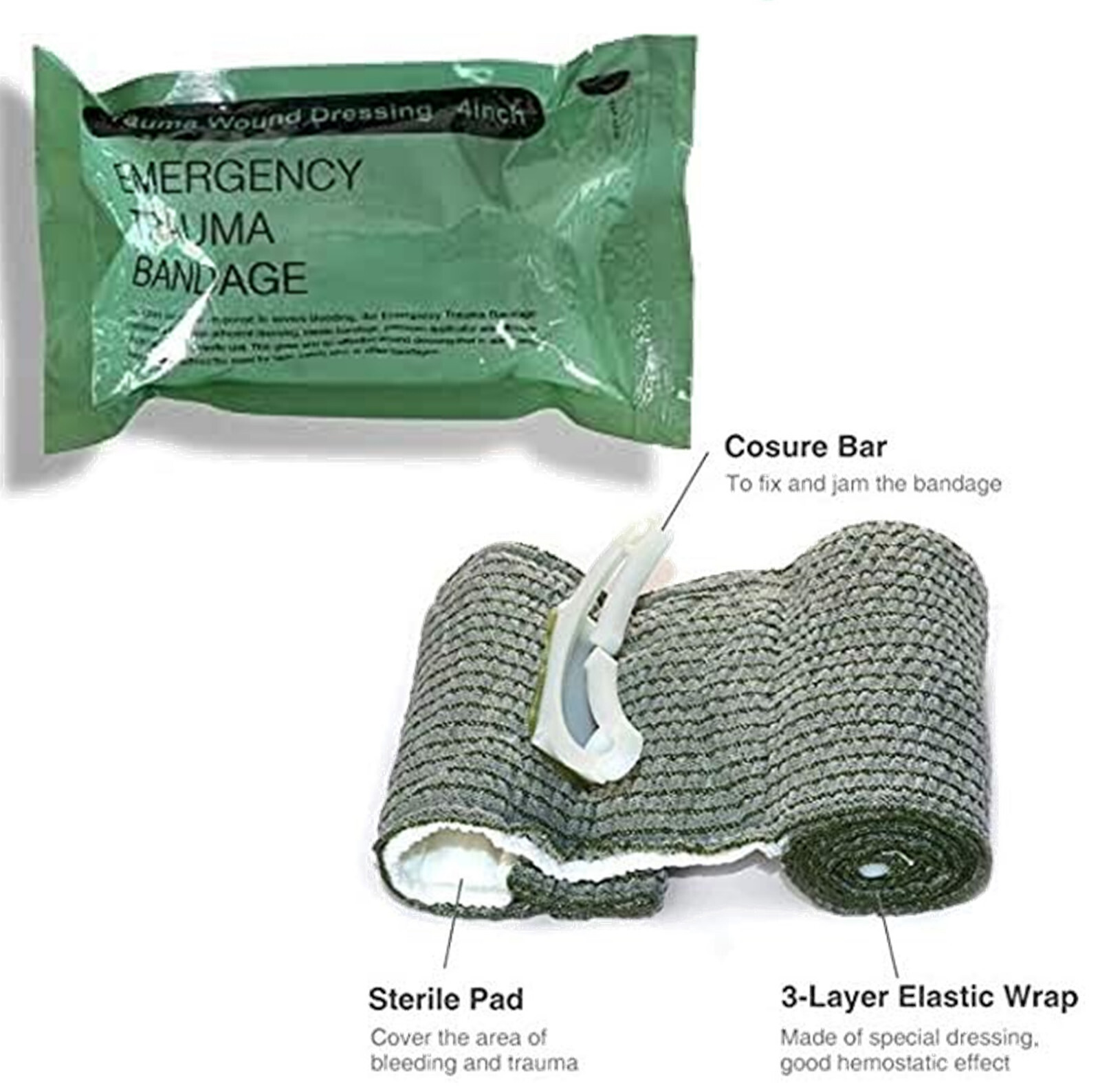 5 PACK 4" Trauma Bandage Emergency Israeli Style Battle Wound Dressing ...