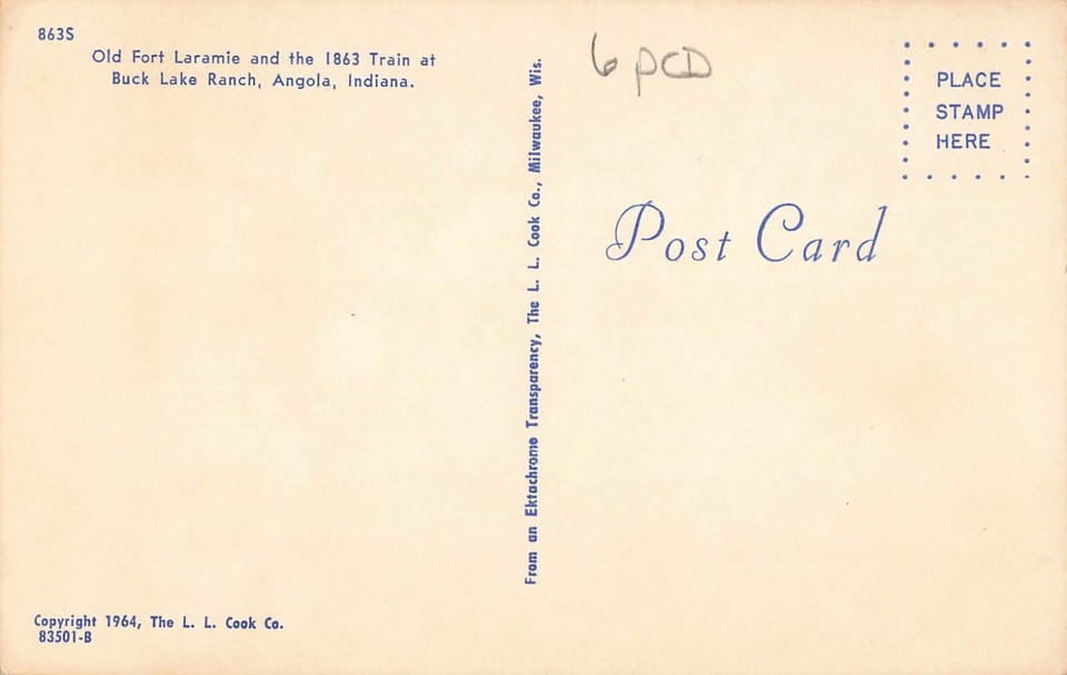 Angola, Indiana Postcard Buck Lake Ranch Old Fort Laramie & Train c ...