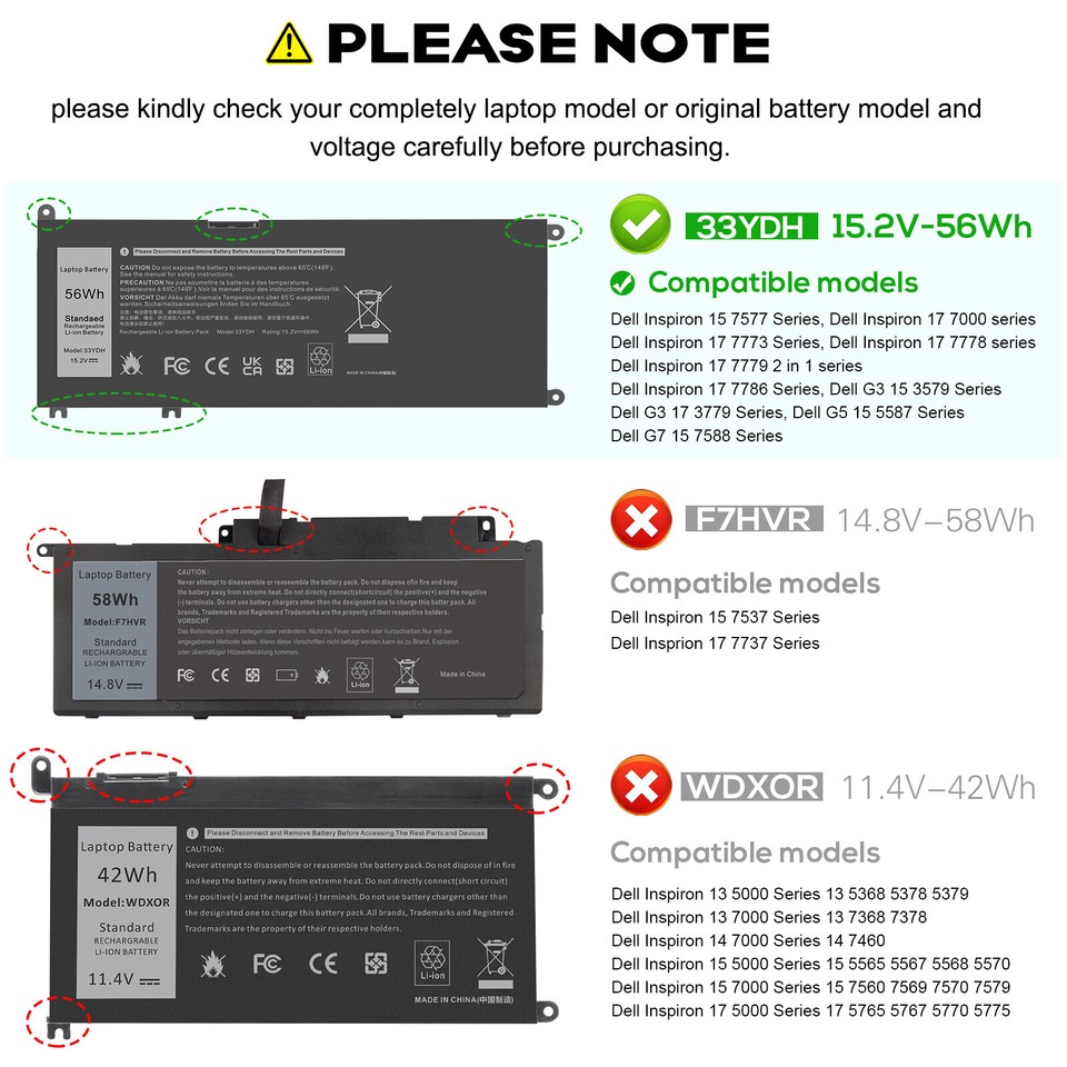 33YDH Battery For Dell Latitude 3380 3480 3490 3580 3590 Inspiron 7577 ...