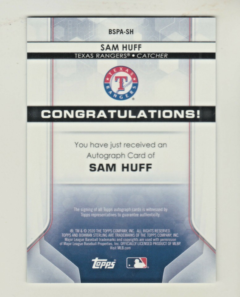 2020 Bowman Sterling PROSPECT AUTOGRAPH SAM HUFF RC Rookie ON CARD AUTO ...