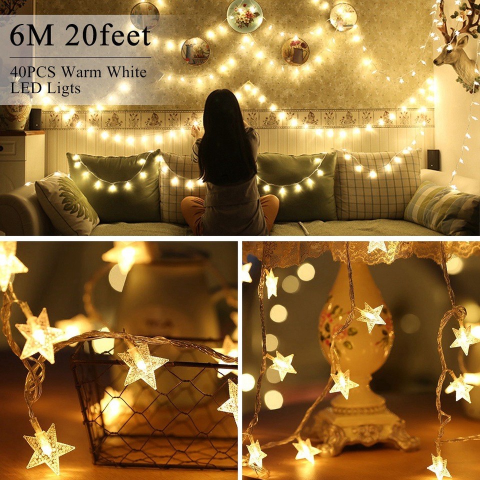 19ft 40 Star Shape LED String Lights Fairy Decorative Battery Operated ...