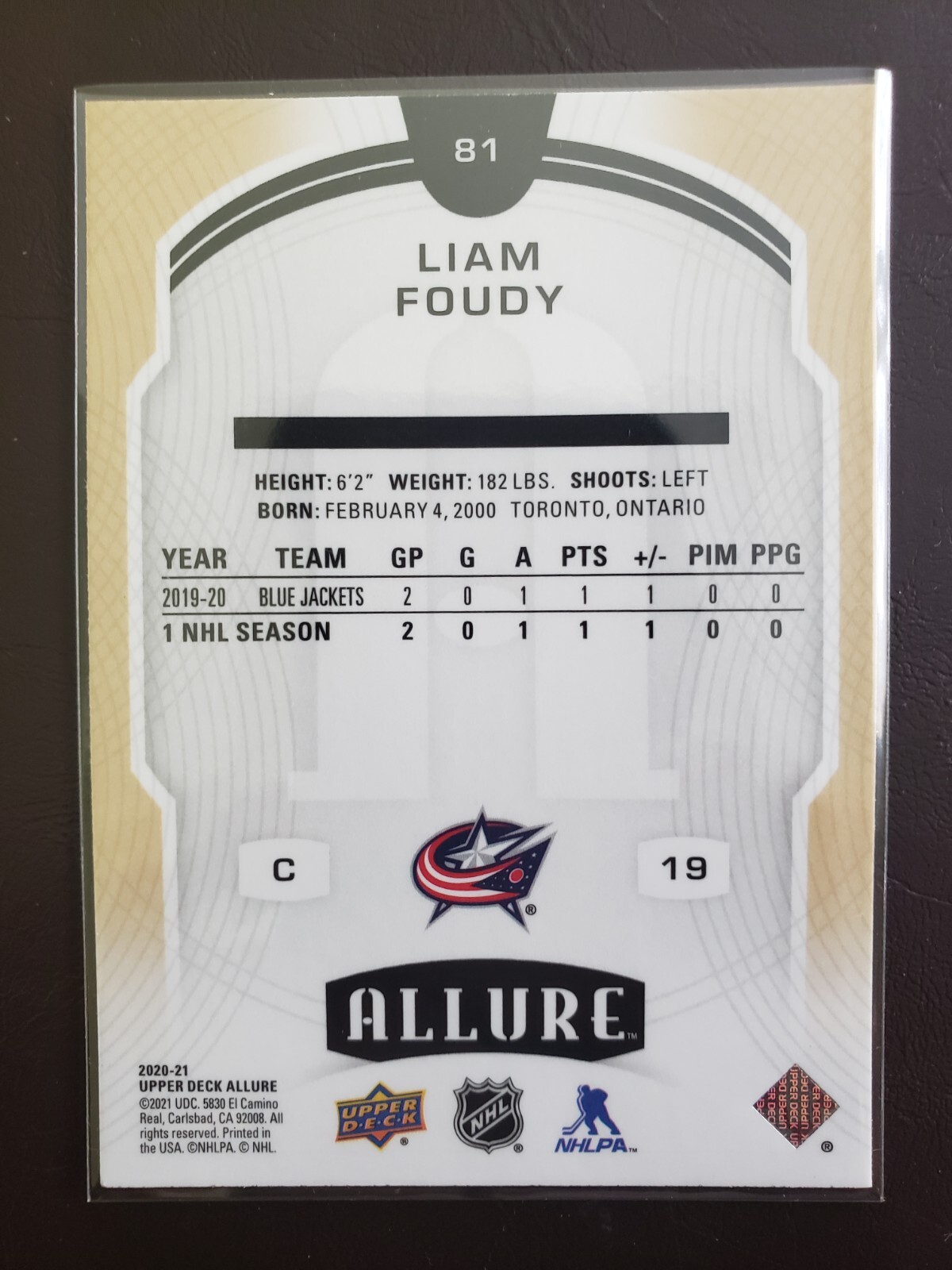 2020-21 Liam Foudy Rookie Upper Deck Allure Hockey Columbus Blue ...