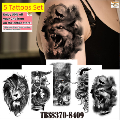 Set of 5 - Waterproof Temporary Tattoo Stickers Animal Wolf Lion Arm ...