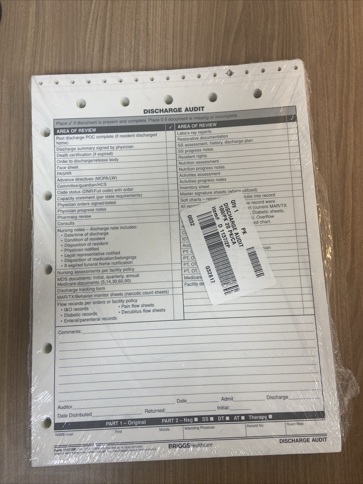 1 Pack Briggs Discharge Audit Forms Medical Record Skilled Nursing Home ...